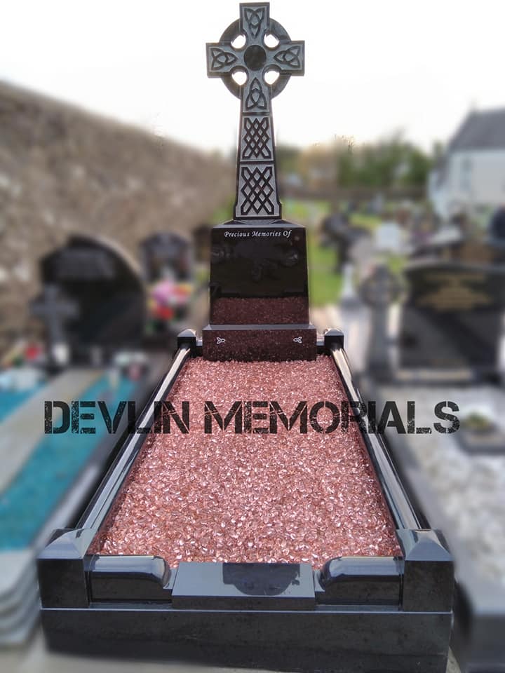 Tall celtic cross with round top kerbing and pink glass chipping | Devlin Memorials | Headstones ...